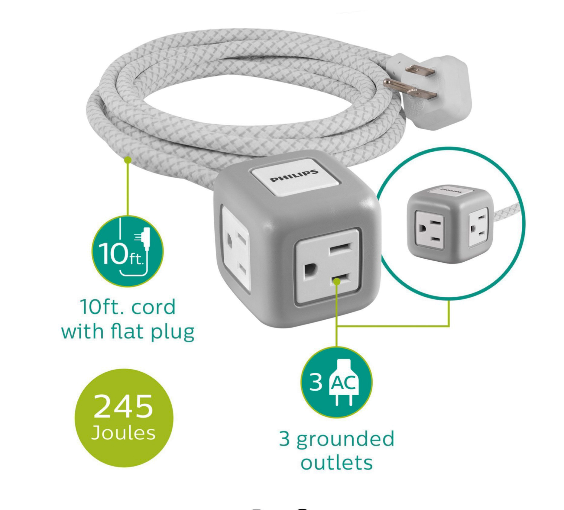 Philips 3 Outlet Rubberized Cube - Extra long 10 foot braided cord ...